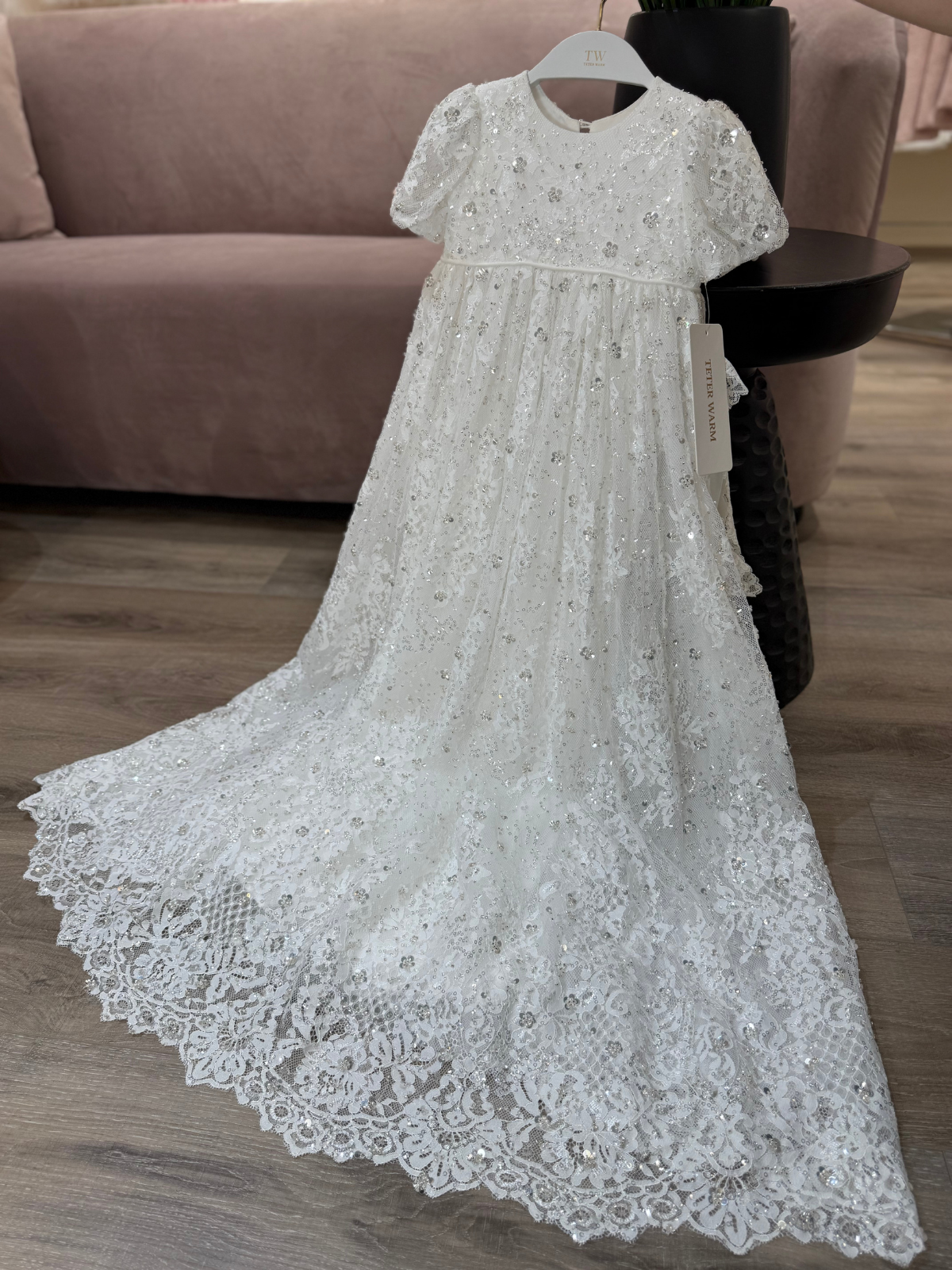 Off-White Long Sequin Baby Baptism Gown | Teter Warm Sunset M51L